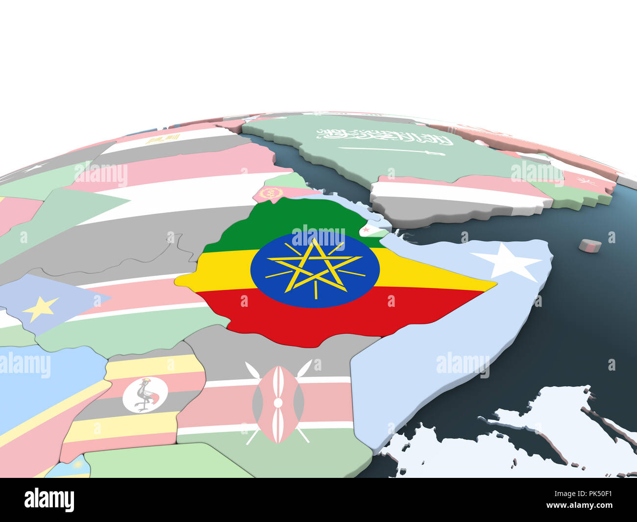 Ethiopia on bright political globe with embedded flag. 3D illustration Stock Photo - Alamy