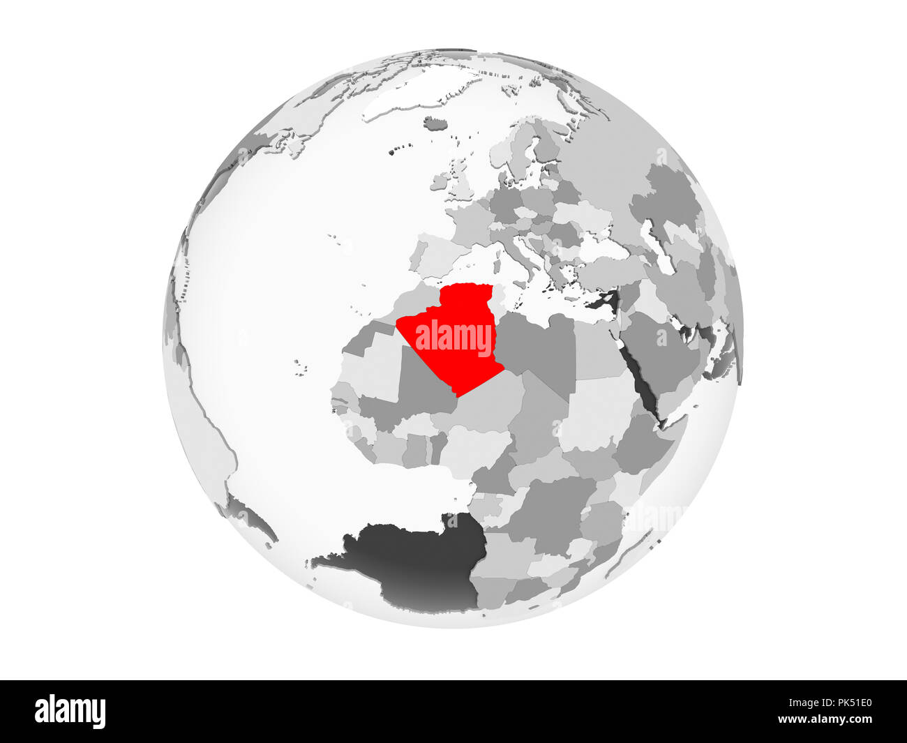 Algeria highlighted in red on grey political globe with transparent ...