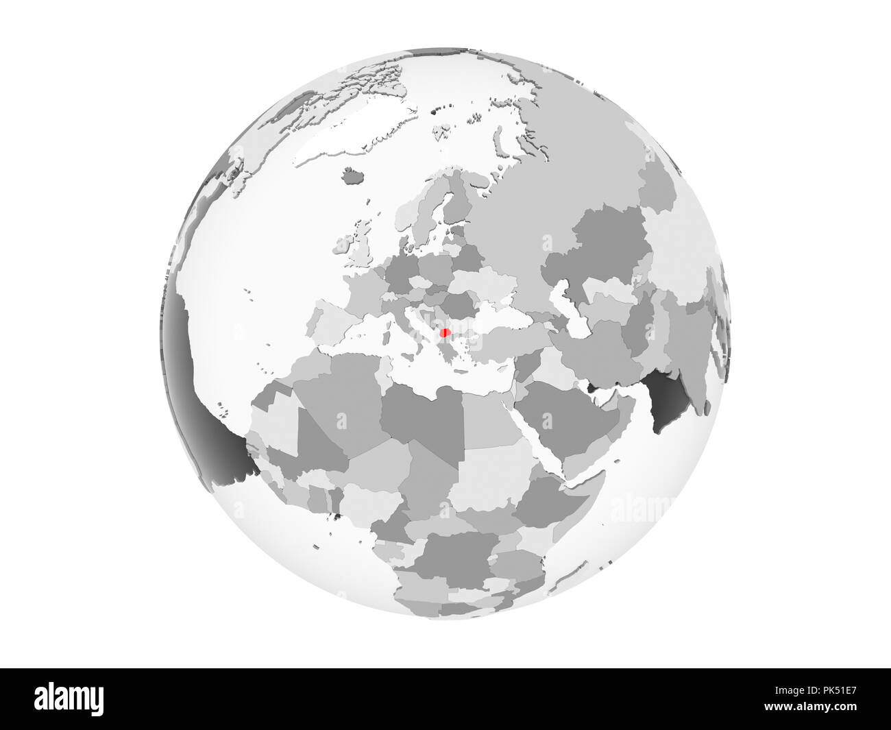 Macedonia highlighted in red on grey political globe with transparent ...