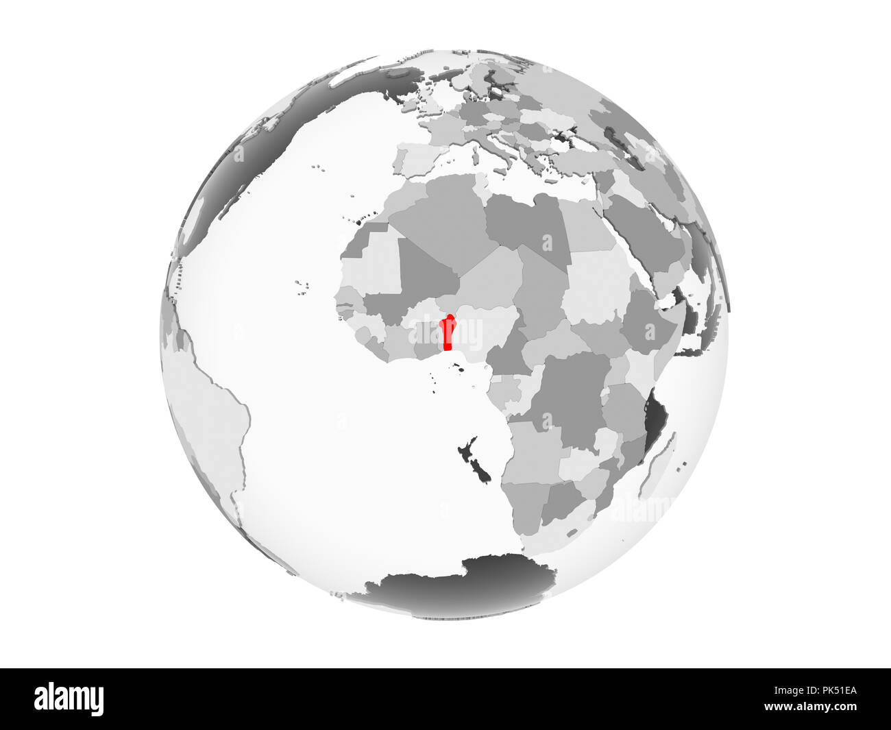 Benin highlighted in red on grey political globe with transparent ...