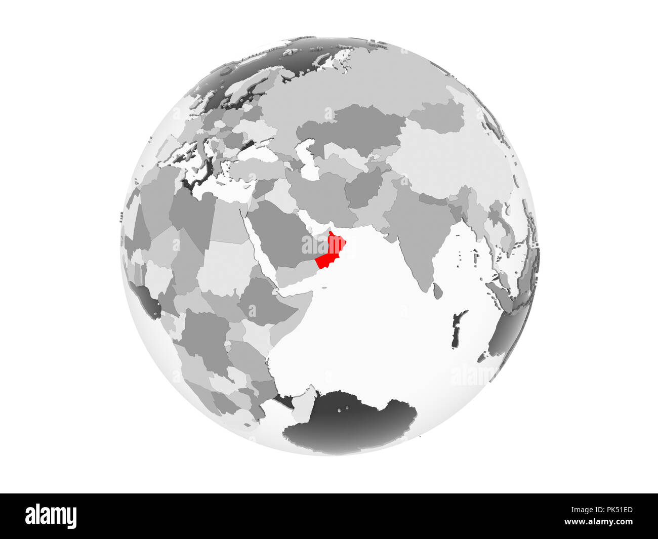 Oman highlighted in red on grey political globe with transparent oceans ...