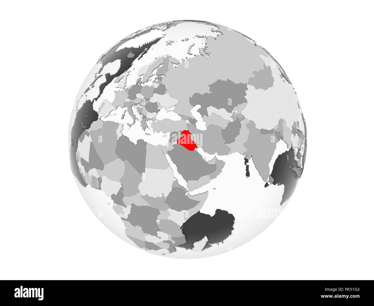Iraq highlighted in red on grey political globe with transparent oceans ...