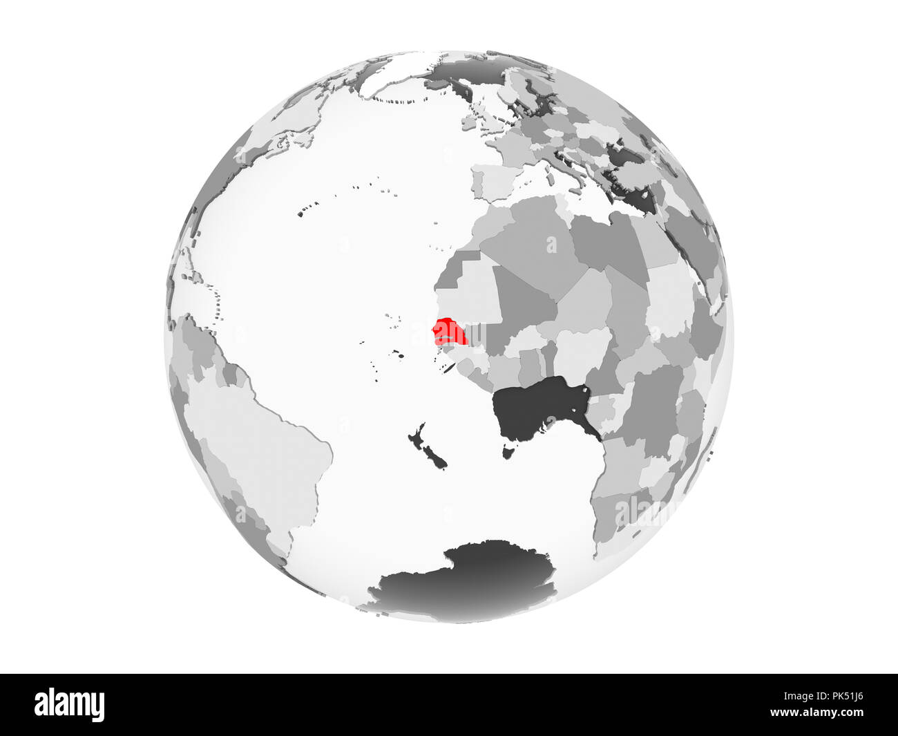 Senegal highlighted in red on grey political globe with transparent ...