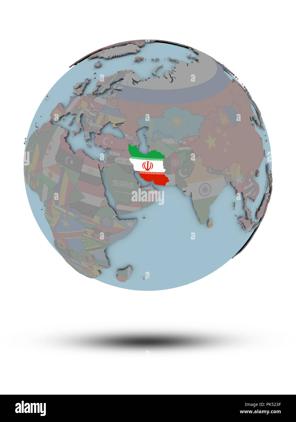 Iran with national flag on political globe with shadow isolated on ...