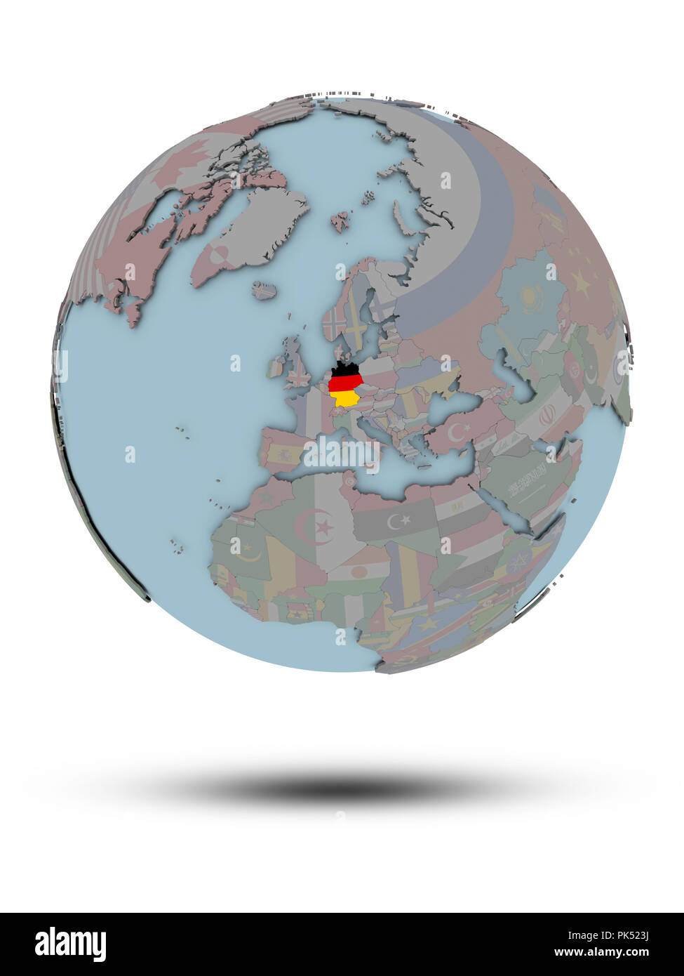 Germany with national flag on political globe with shadow isolated on ...