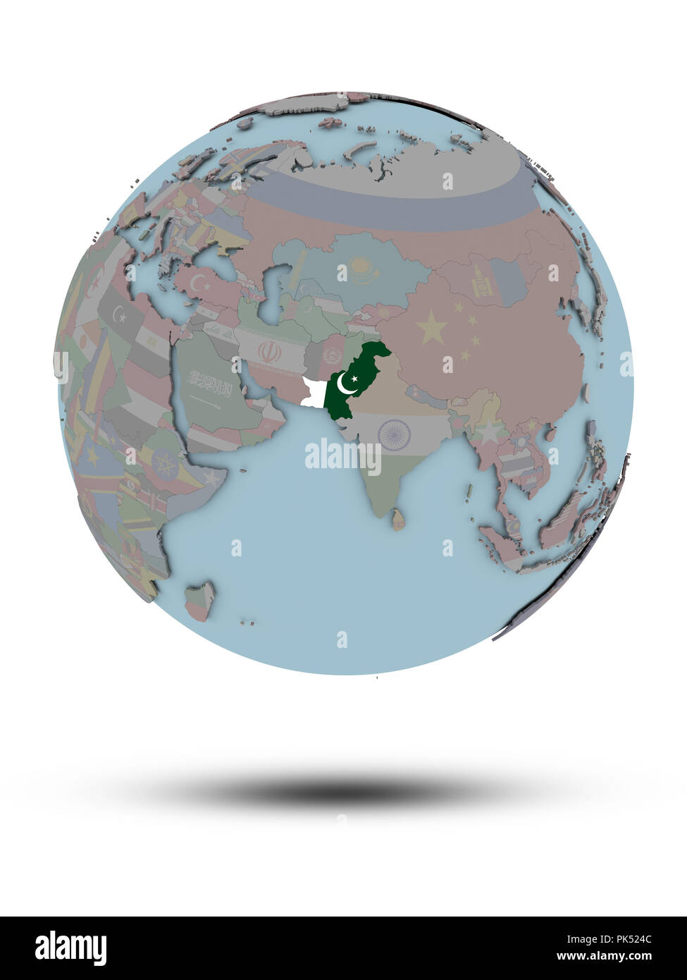 Pakistan with national flag on political globe with shadow isolated on ...