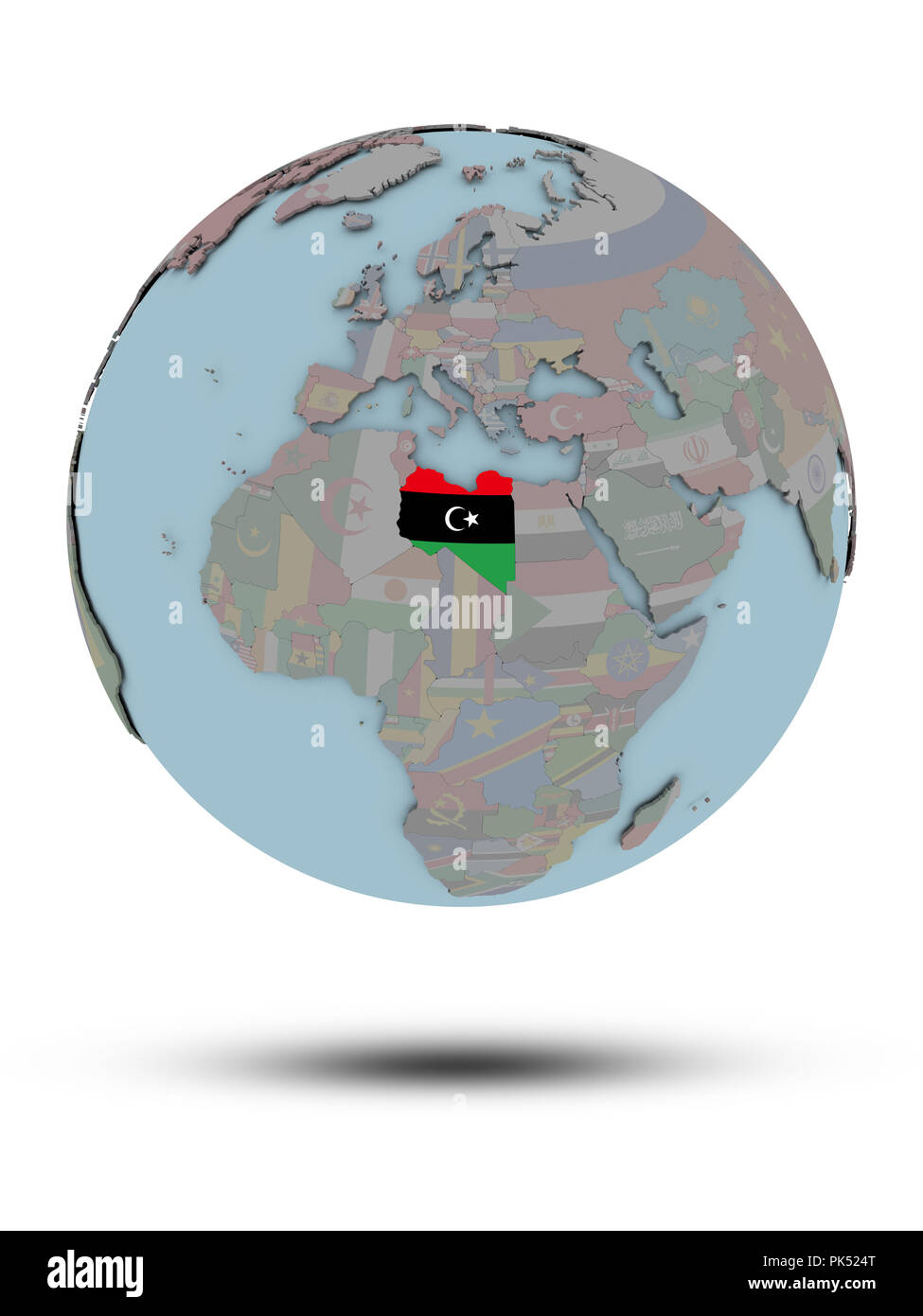 Libya with national flag on political globe with shadow isolated on ...
