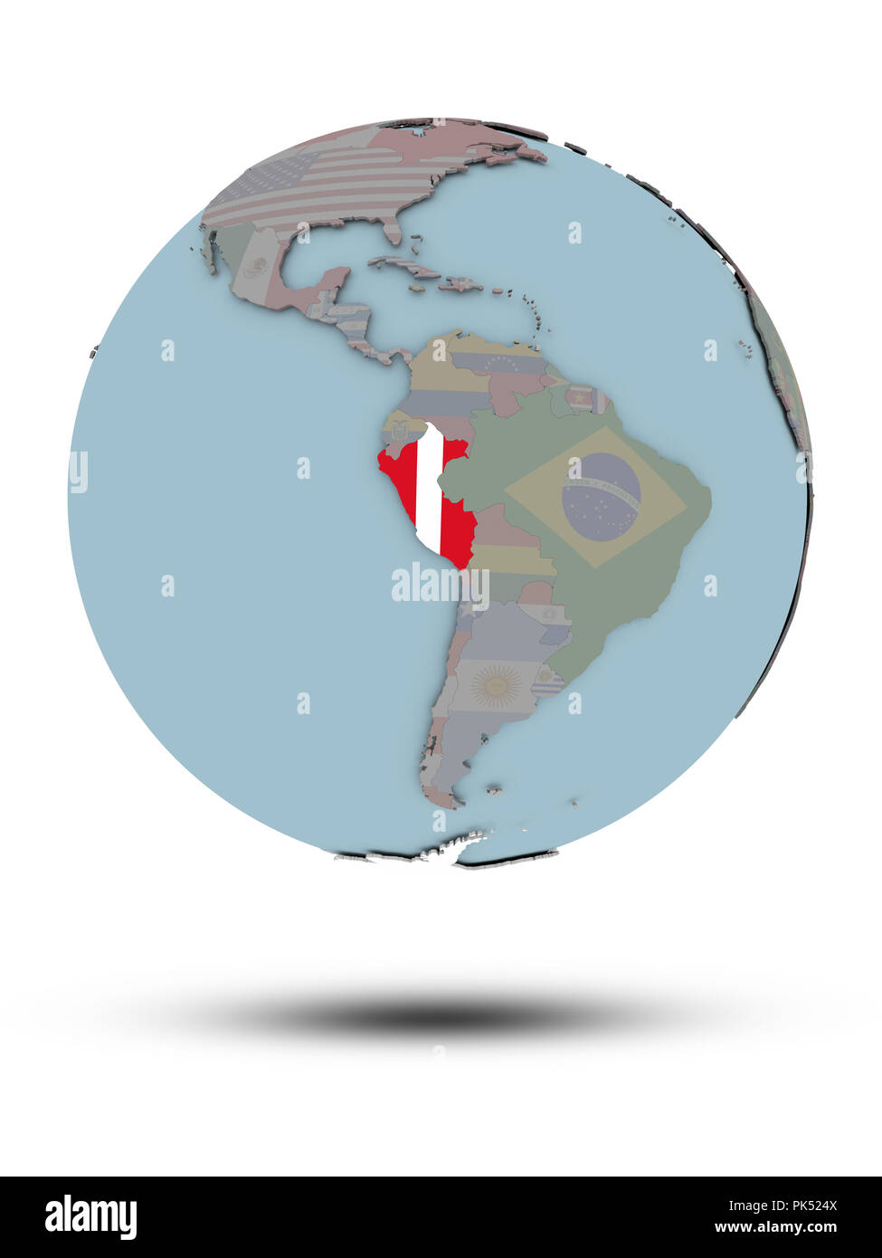 Peru with national flag on political globe with shadow isolated on ...