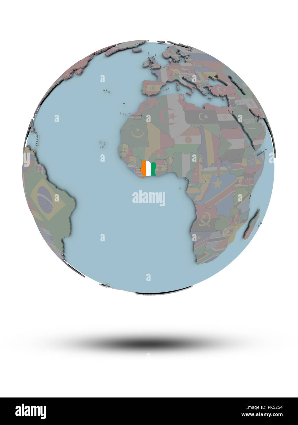 Ivory Coast with national flag on political globe with shadow isolated ...