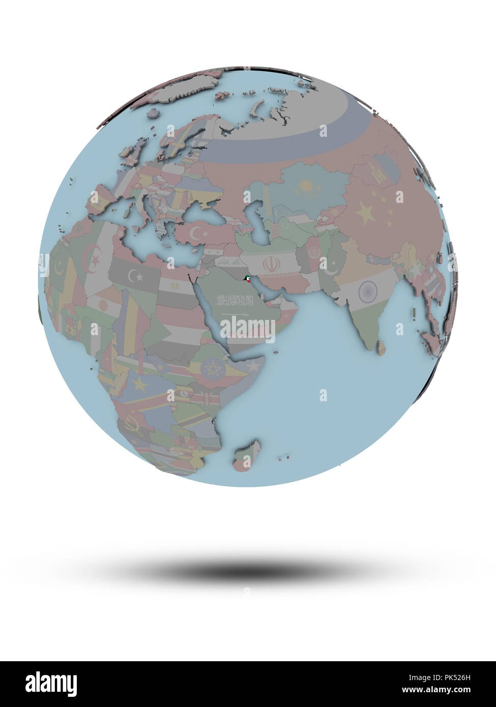 Kuwait with national flag on political globe with shadow isolated on ...