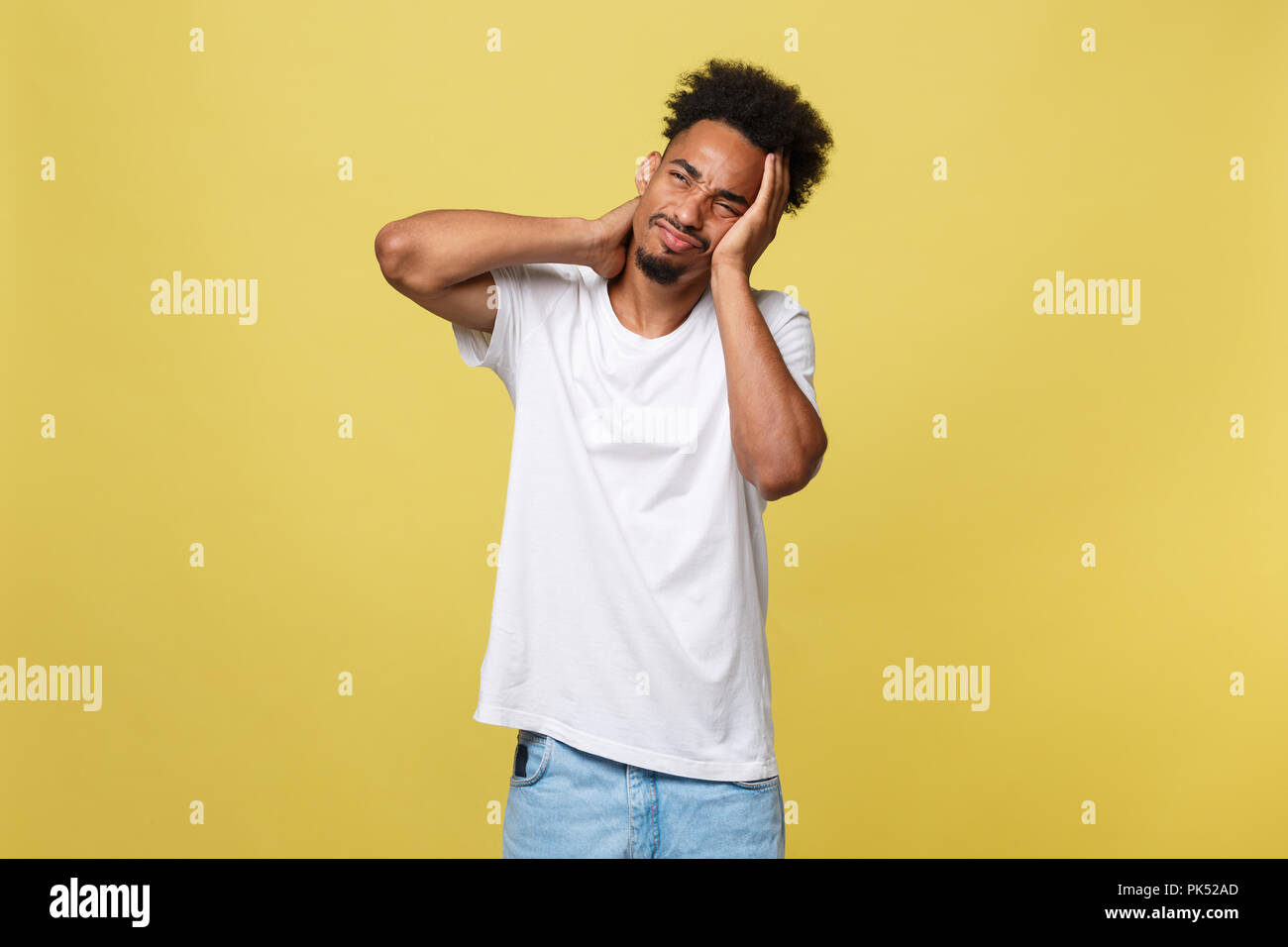 Closeup portrait, really stressed, unhappy young handsome man with ...