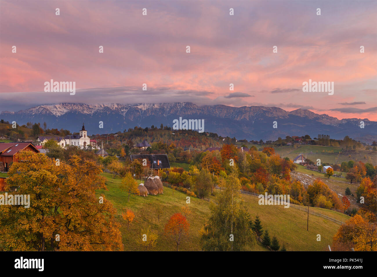 Autumn alpine landscape, famous alpine village with spectacular gardens ...