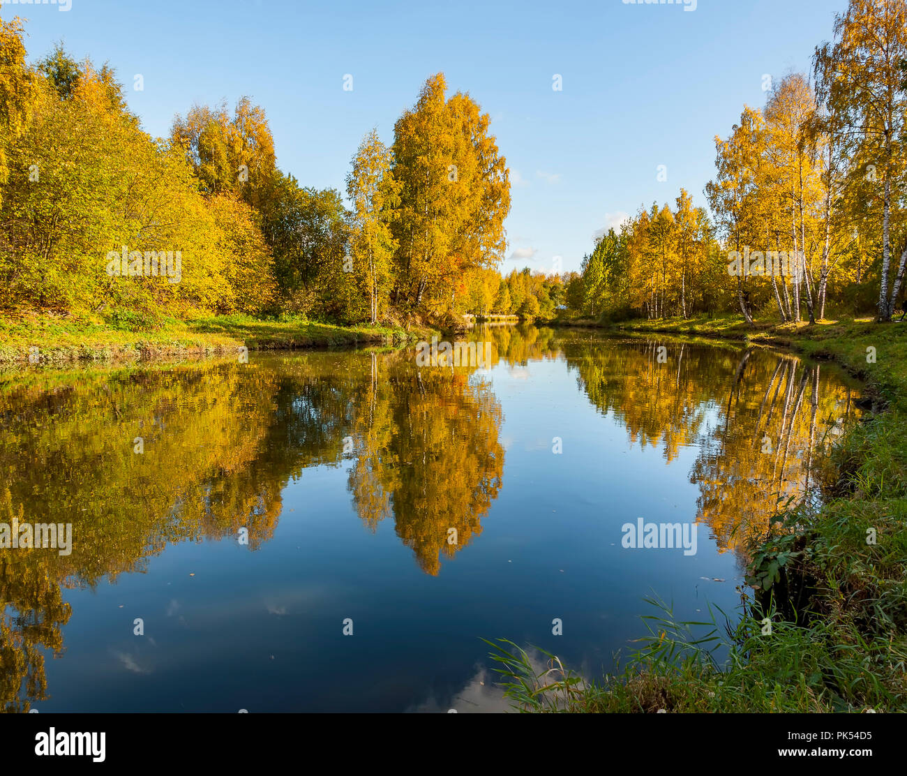Sunny day, Golden autumn. Russia, Saint-Petersburg. Slavyanka River ...