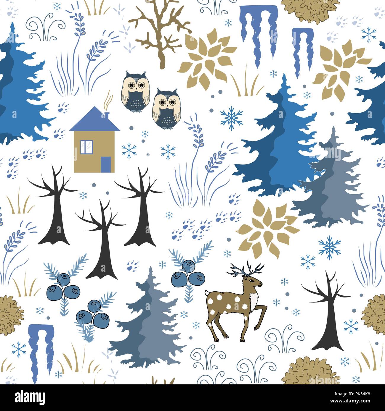Awesome winter seamless pattern with house in forest. Stylish brown and ...