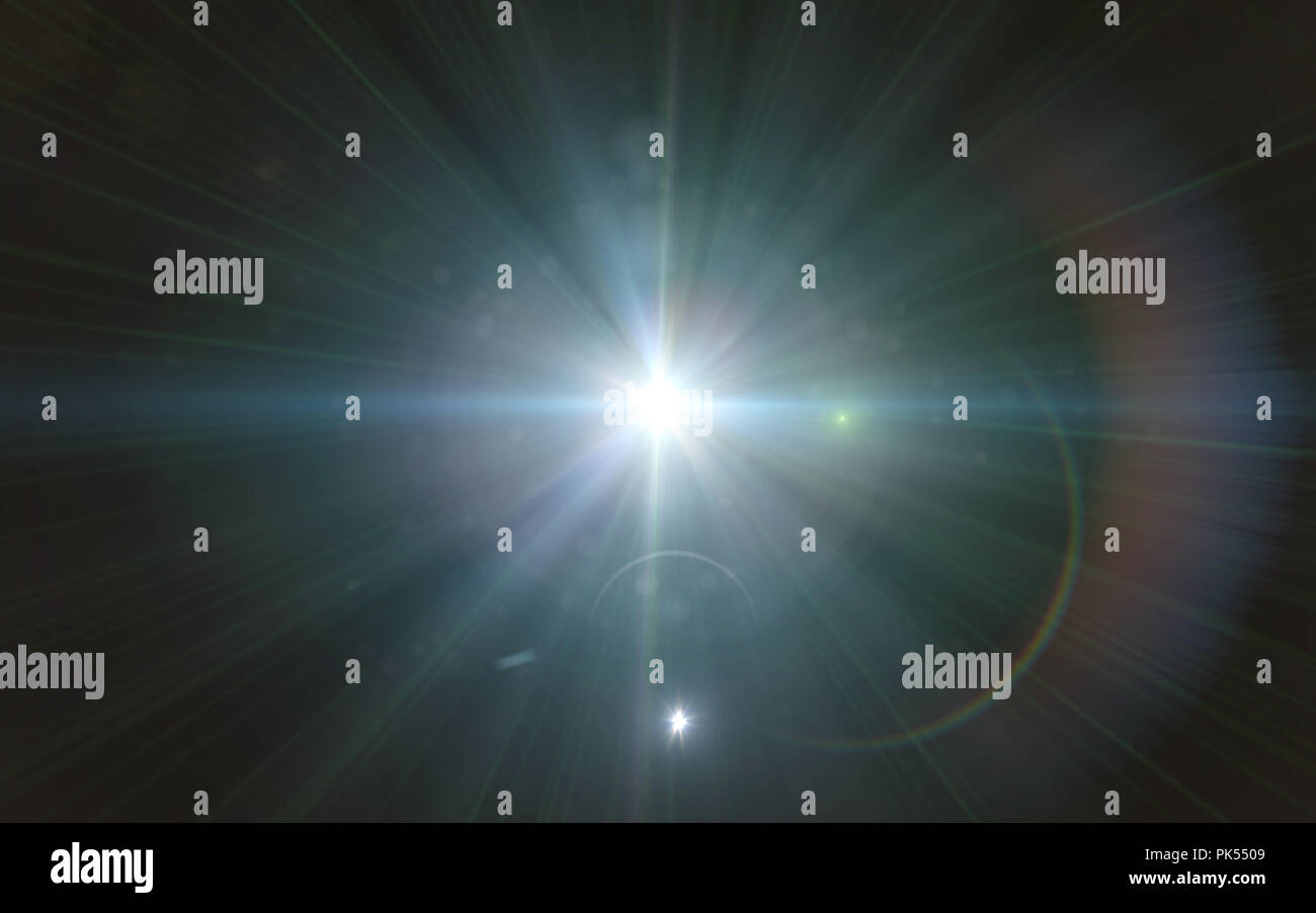 Beautiful blue digital lens flare in black background horizontal frame ...