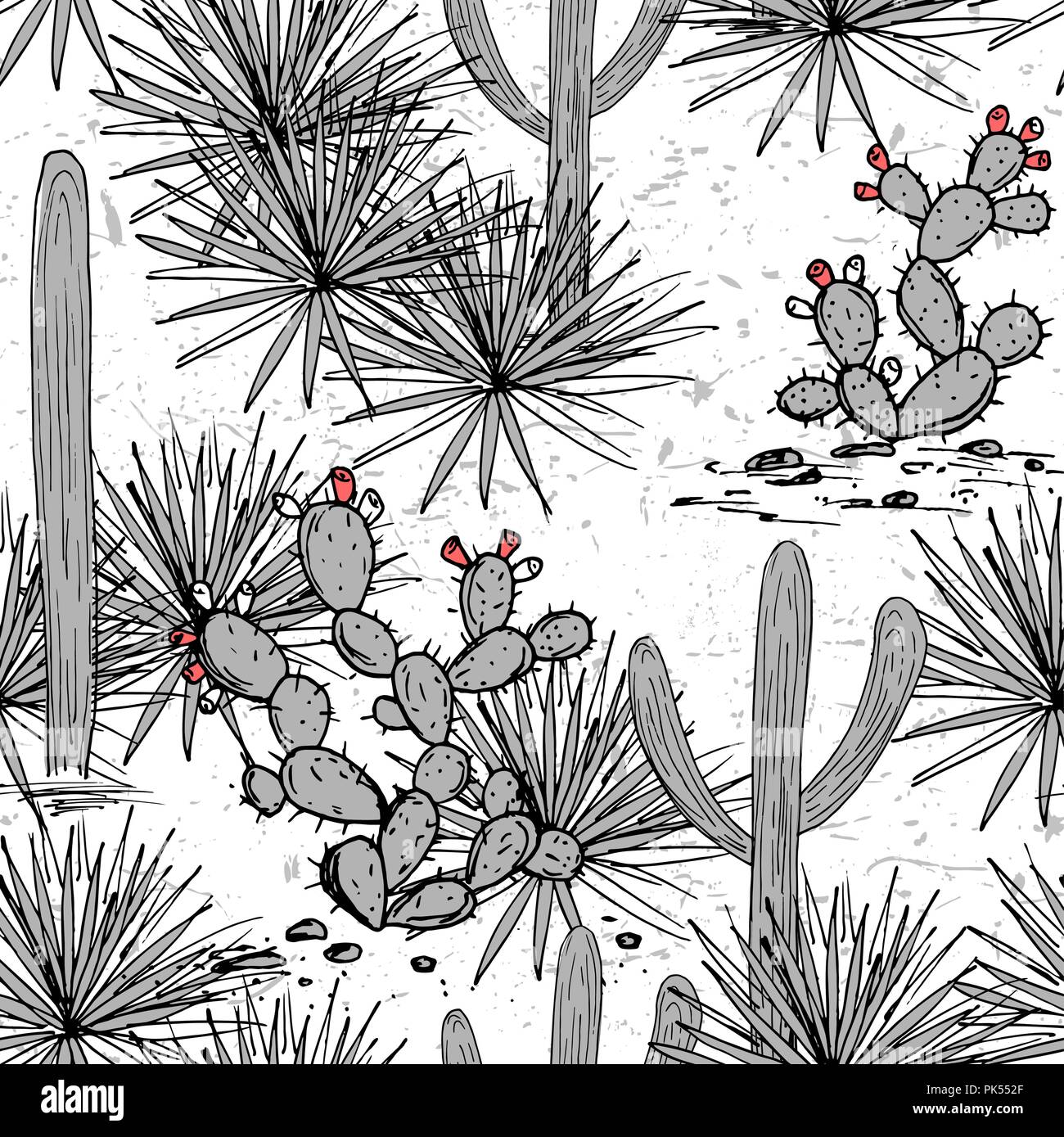 Hand drawn set with saguaro, blue agave, and prickly pear cactus. Latin ...