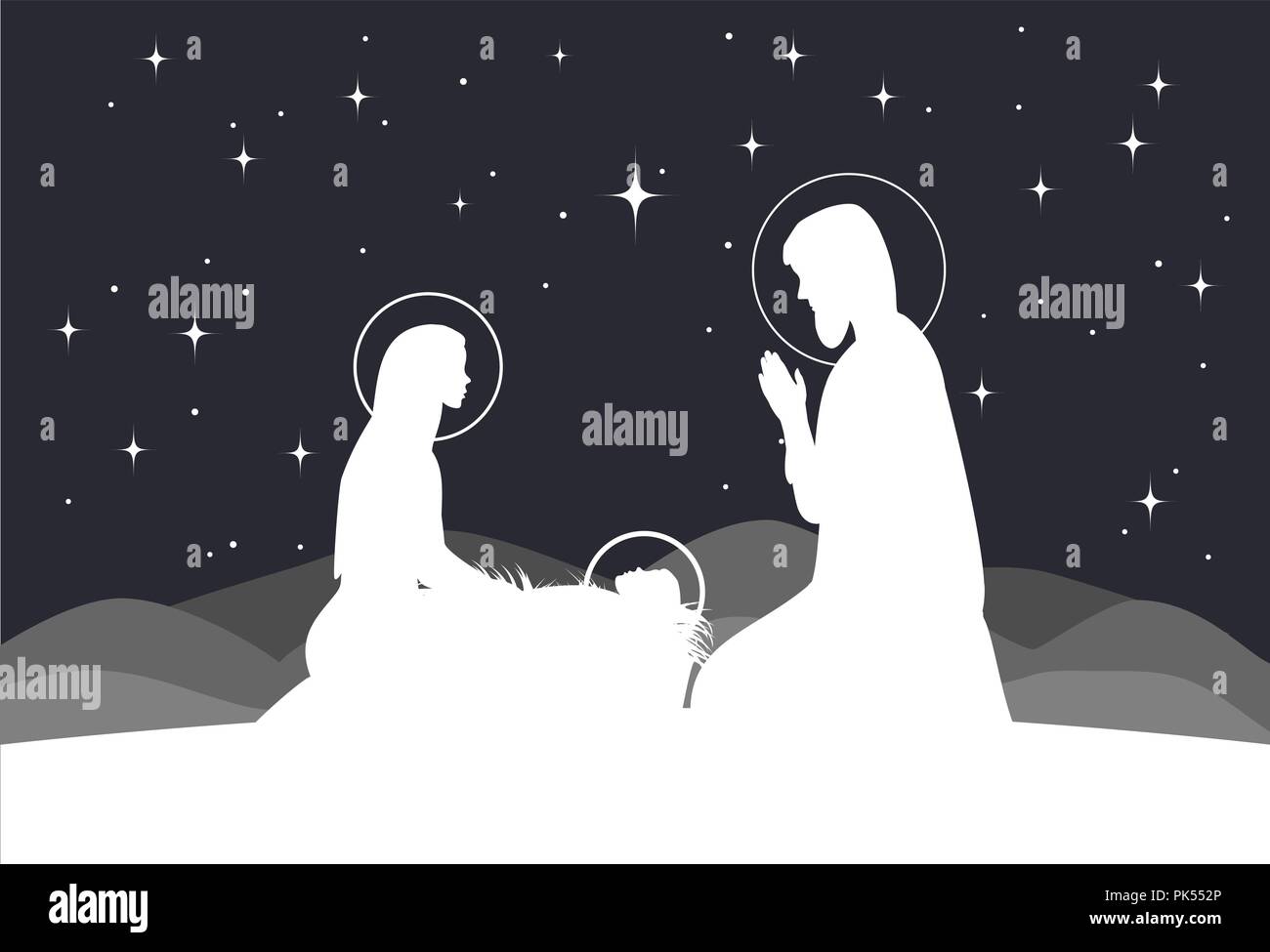 Vector nativity scene. Mary, Jesus, and Joseph silhouettes and ...