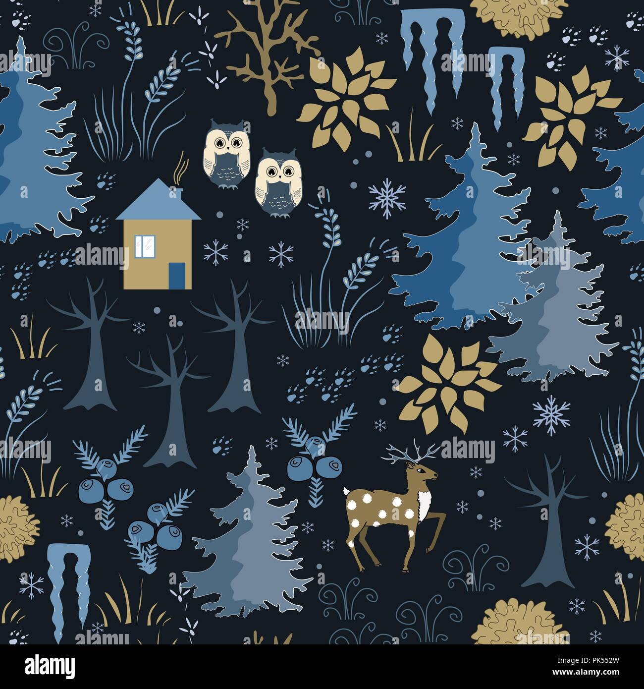 Awesome winter seamless pattern with house in night forest. Stylish ...