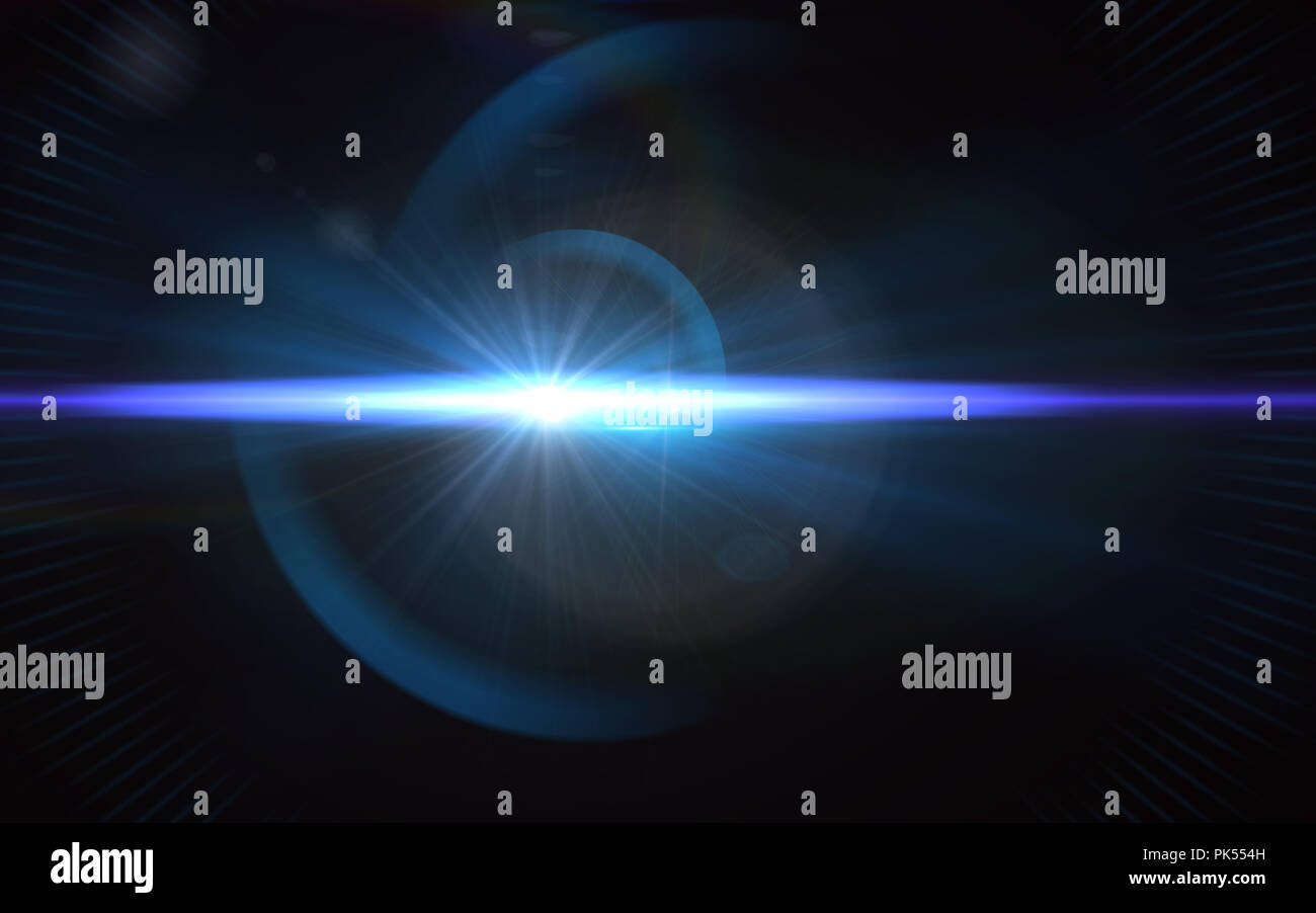 Beautiful blue digital lens flare in black background horizontal frame ...