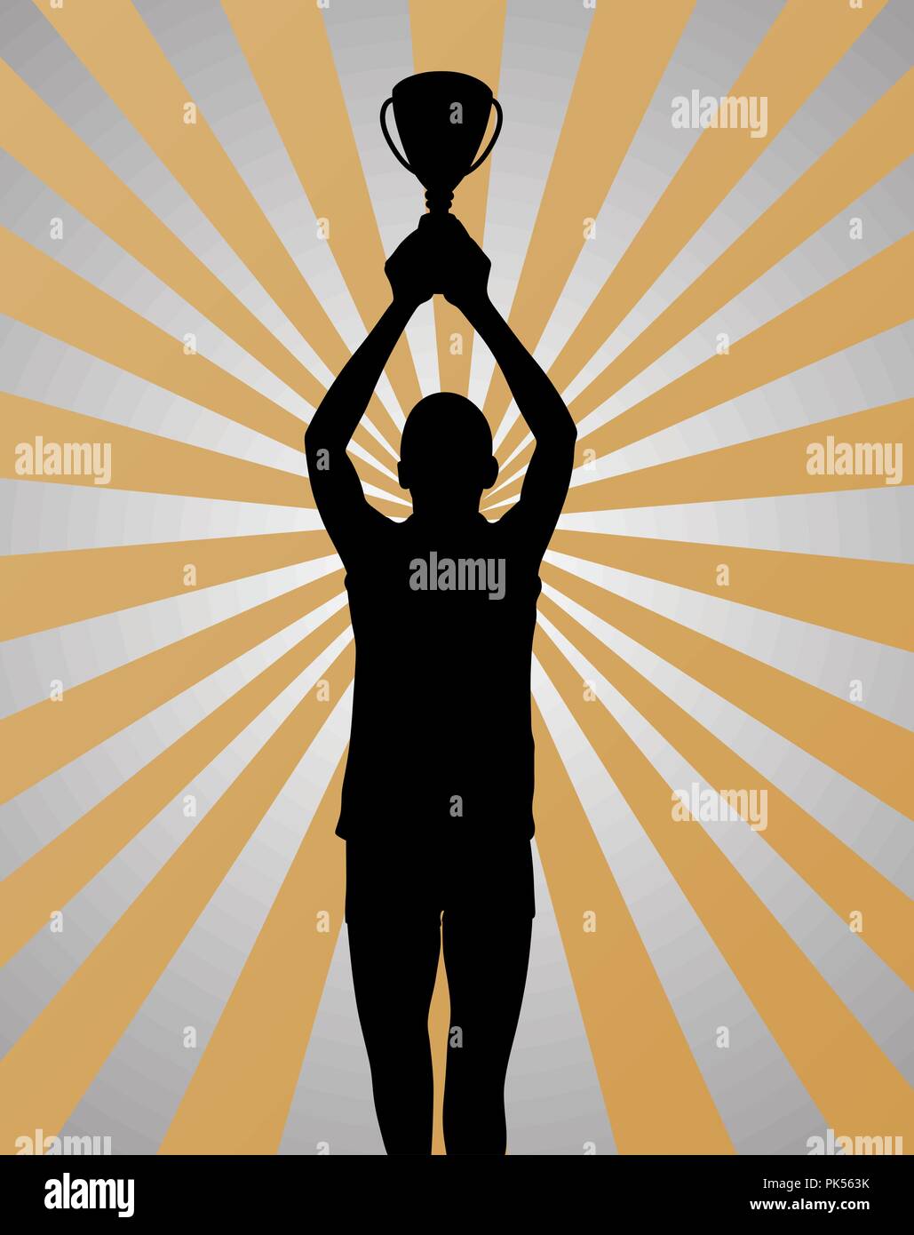 Young sport winner holding a winning trophy on gold silver background ...