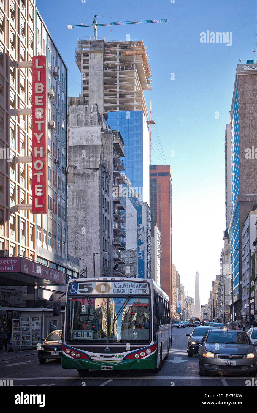 Avenida Corrientes on plain downtown with the Obelisco monument in the ...