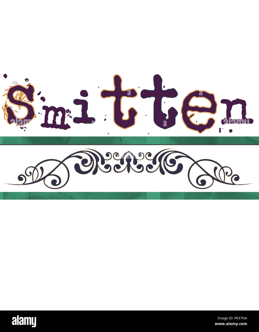 The word smitten in a old style typewritter font with green lines and ...