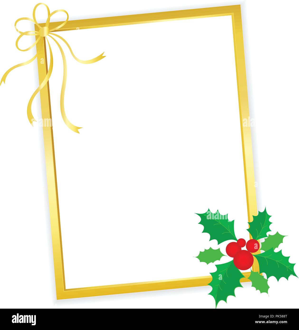 Golden x-mas frame with Christmas holly and berries and gold ribbon bow ...