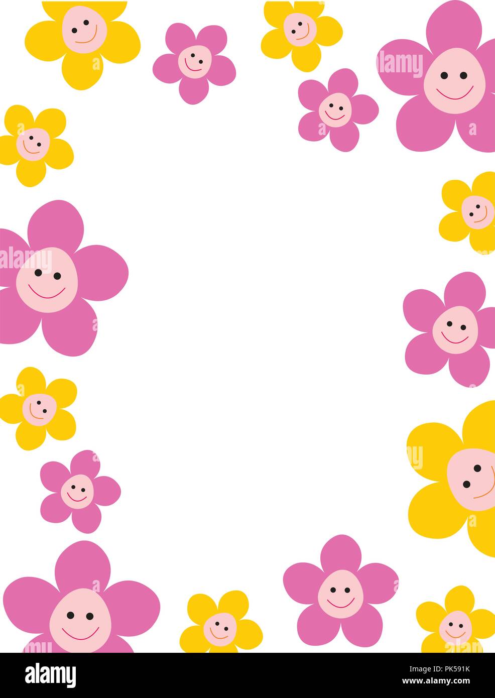 Beautiful pink and yellow spring floral frame with happy smiling faces ...
