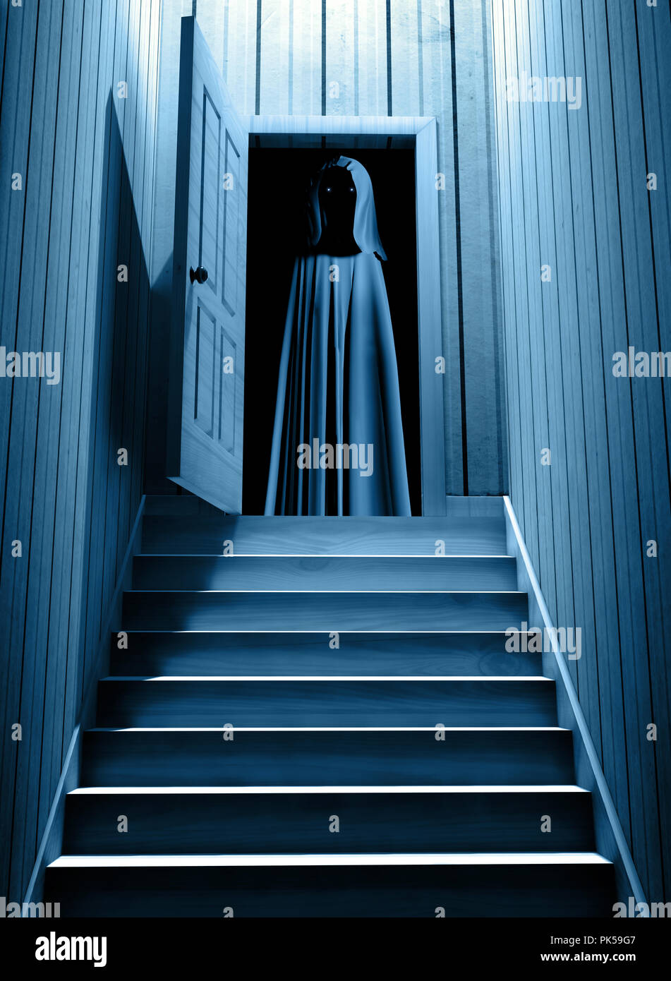 Spooky monster in hooded cloak with glowing eyes in opened door steps ...