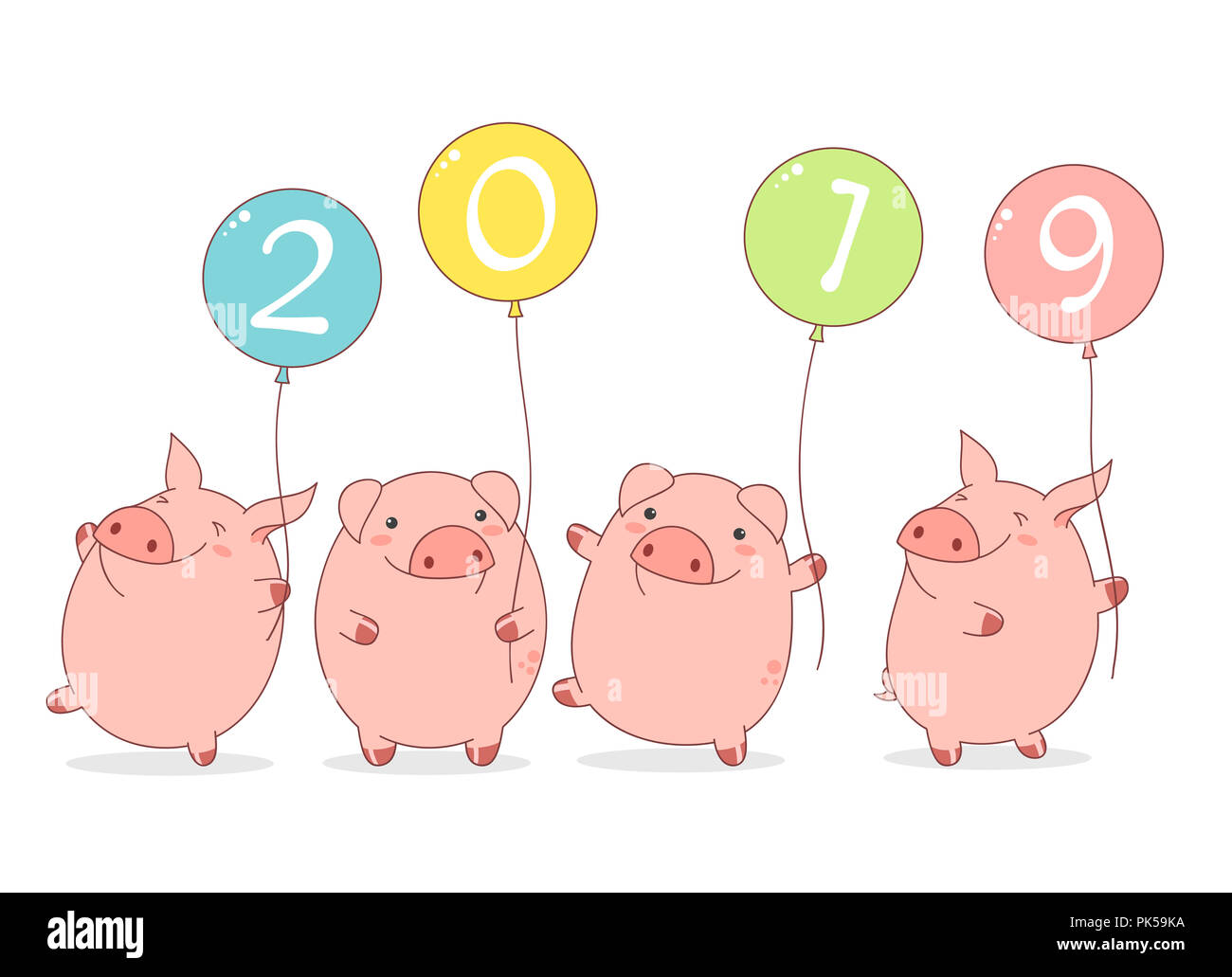 Happy chinese new year 2019 - year of the pig. Four cute pigs in kawaii ...