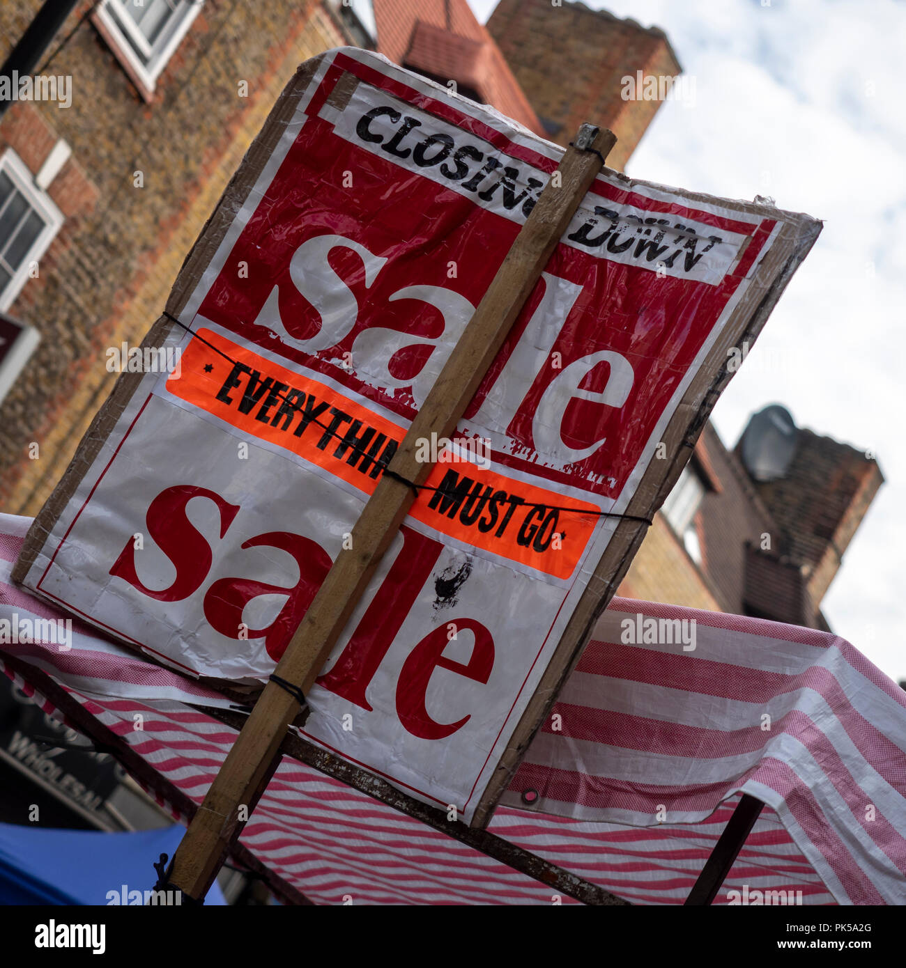 LONDON, UK - SEPTEMBER 09, 2018: Sale Placard on market stall in the ...