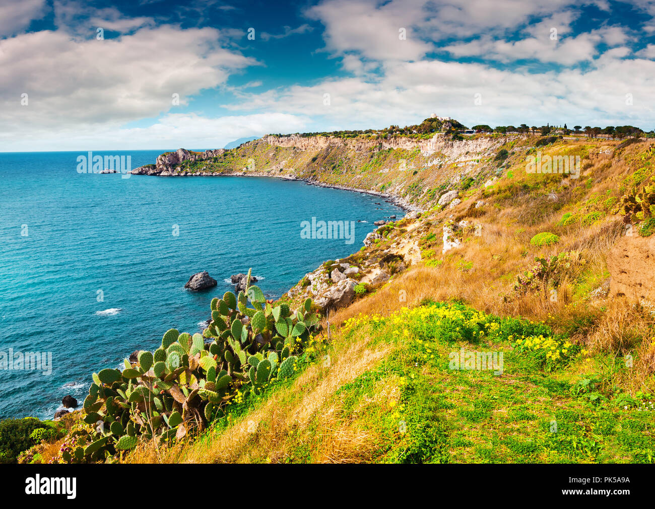 Colorful spring scene in the harbor and cape Milazzo with nature ...