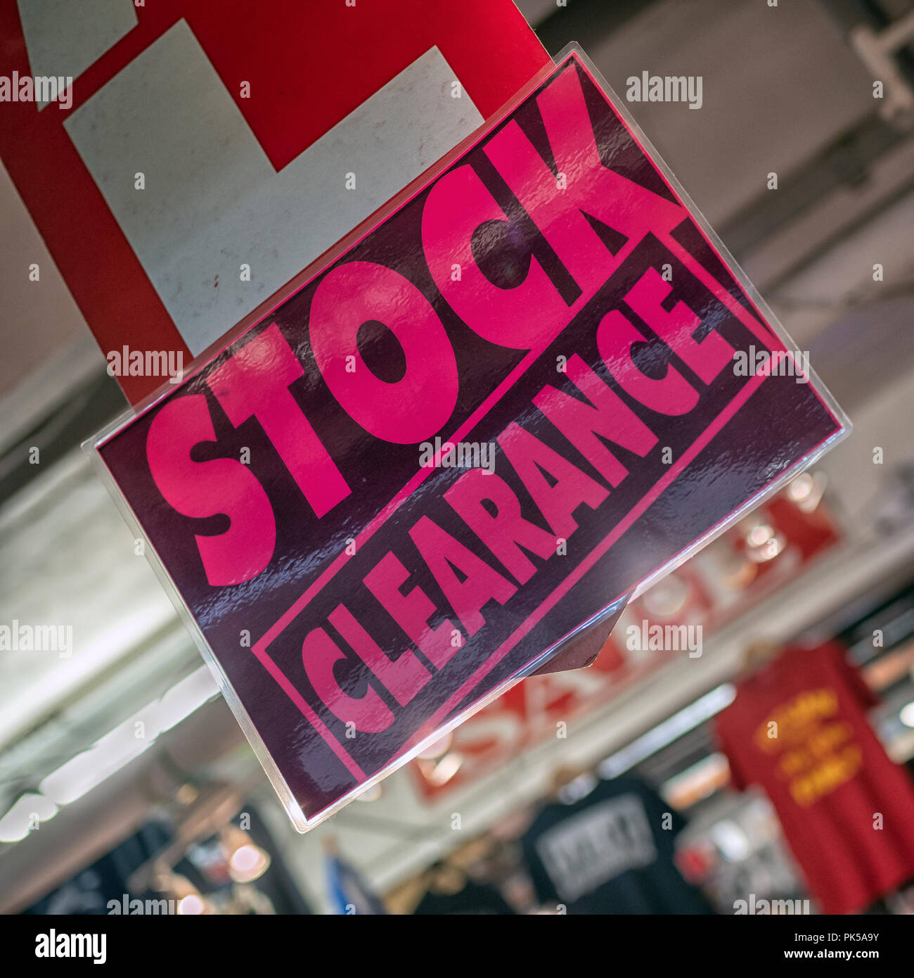 LONDON, UK -SEPTEMBER 09, 2018: Stock Clearance sign at market in Brick ...