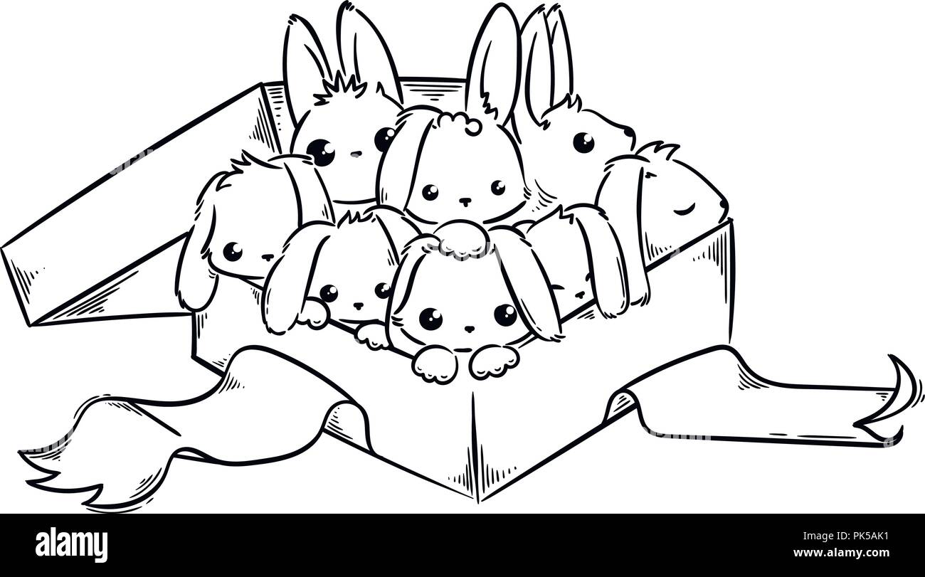 Holiday card with Cute Rabbits in a present box. Cartoon vector ...