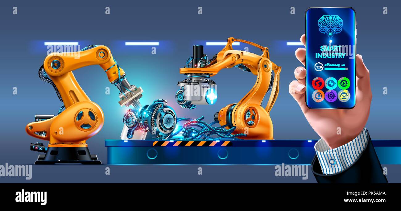 Businessman management smart factory with robotic arms and conveyor via ...