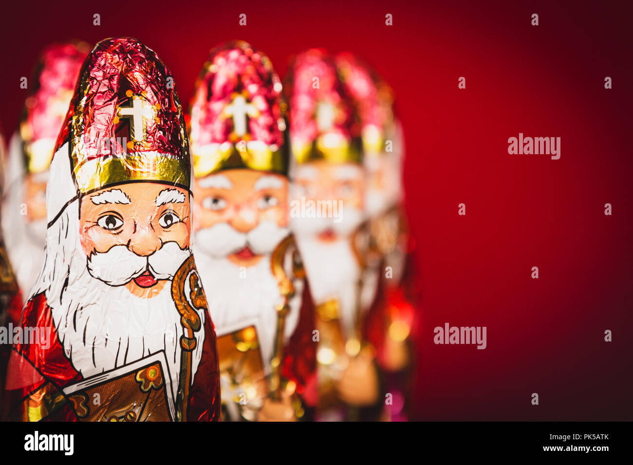 Close up of Sinterklaas figurines. Saint Nicholas chocolate figures of ...