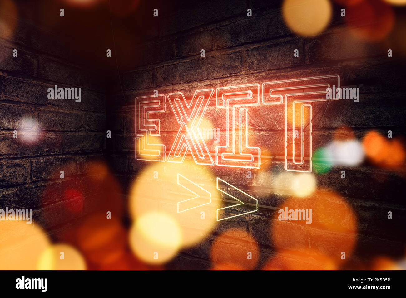 Exit Neon sign mounted on brick wall, conceptual 3d rendering ...