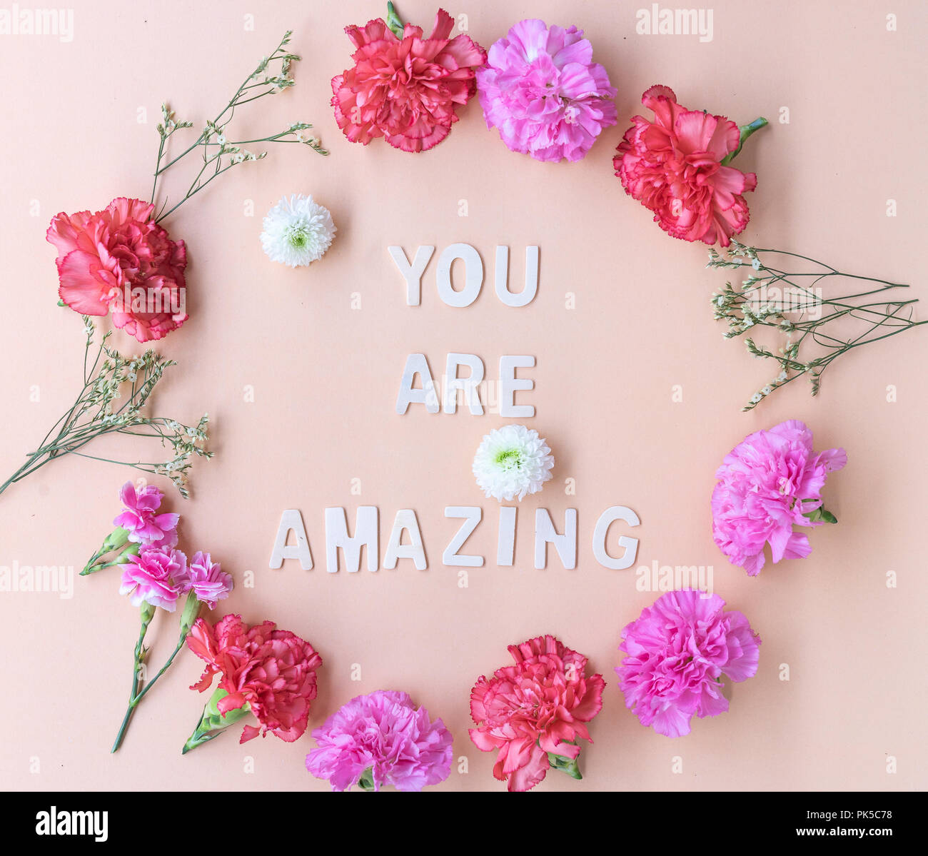 Minimal flat lay you are amazing inspiration wooden word with fresh ...