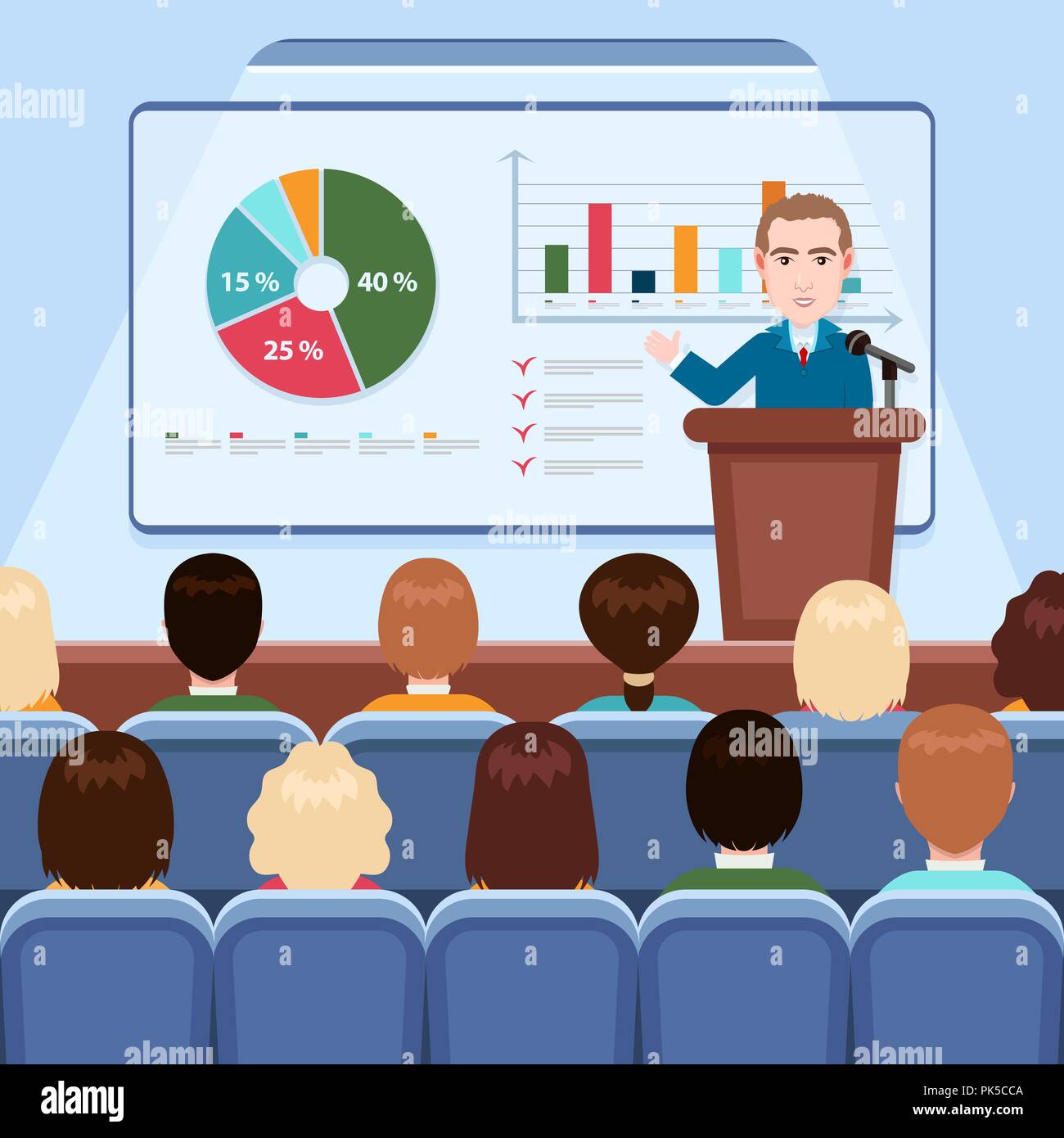 Businessman in suit and tie making presentation explaining charts on ...
