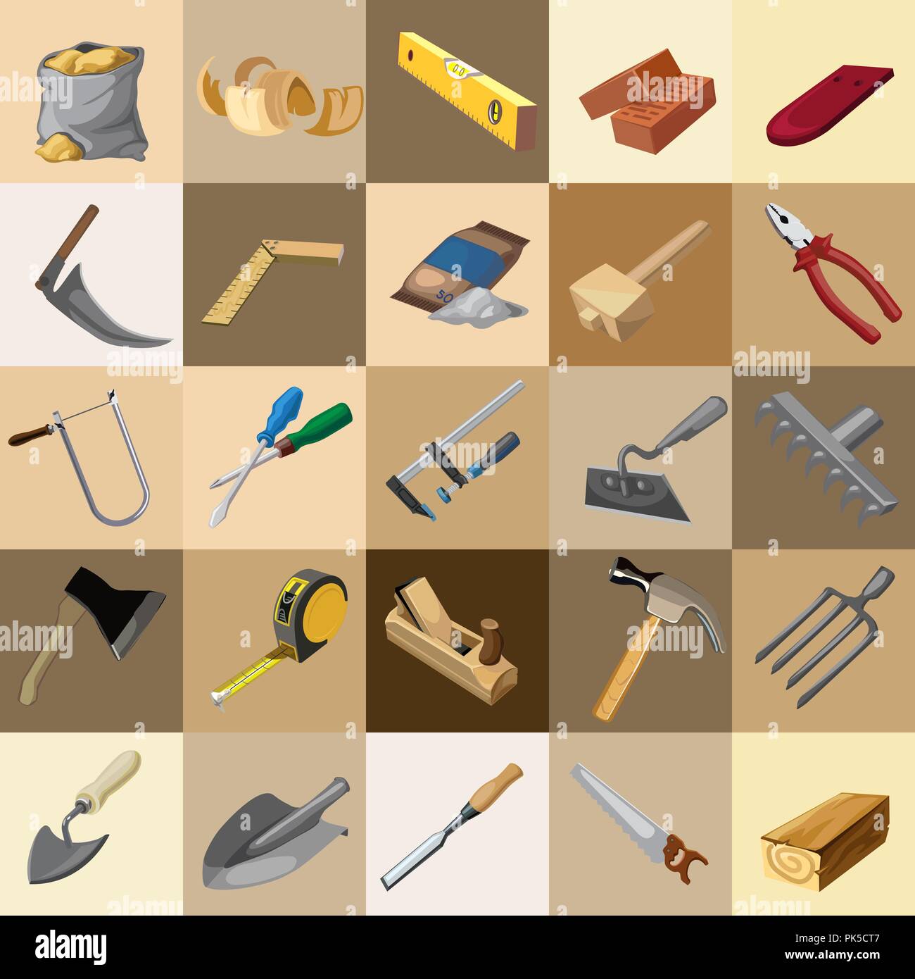 Group tool set of gardener, builder and carpenter. Sketch for stickers ...