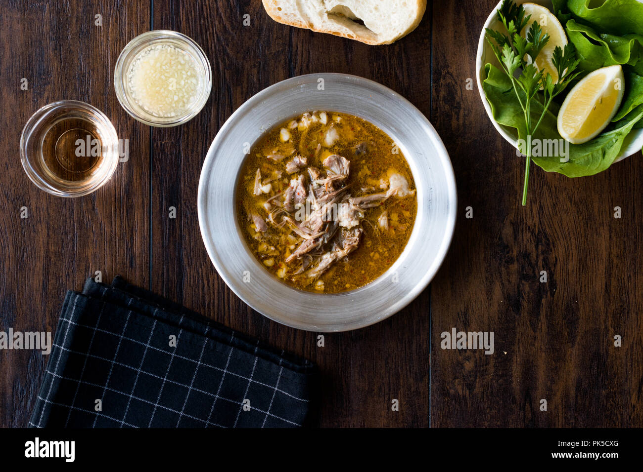 Turkish Soup Beyran with Lamb Meat, Rice, Chopped Garlic and Vinegar ...