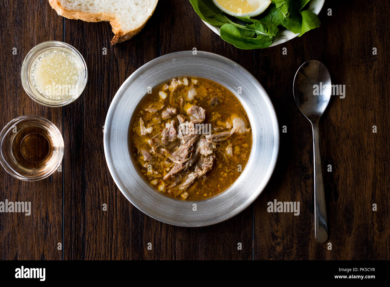 Turkish Soup Beyran with Lamb Meat, Rice, Chopped Garlic and Vinegar ...