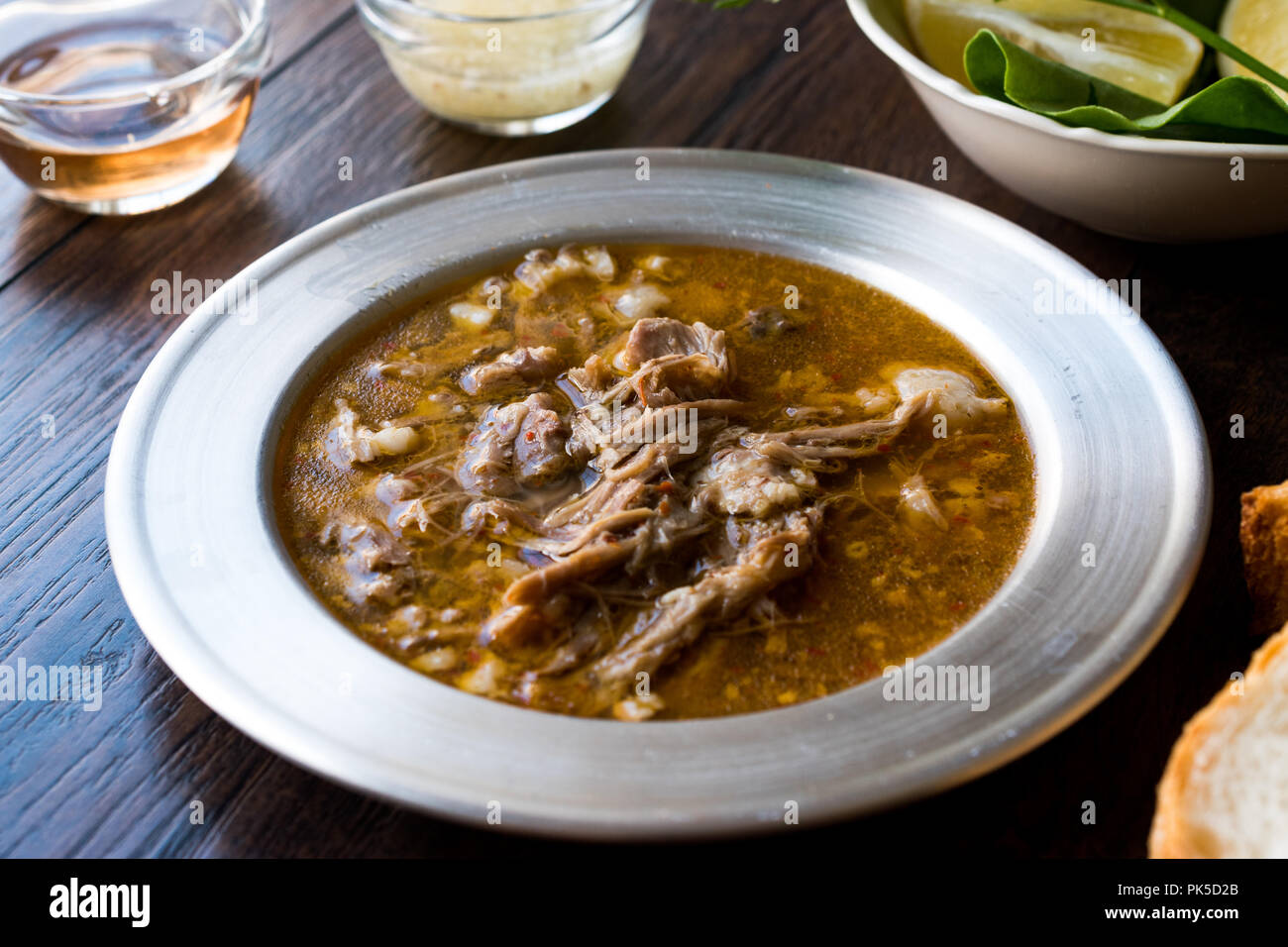 Turkish Soup Beyran with Lamb Meat, Rice, Chopped Garlic and Vinegar ...