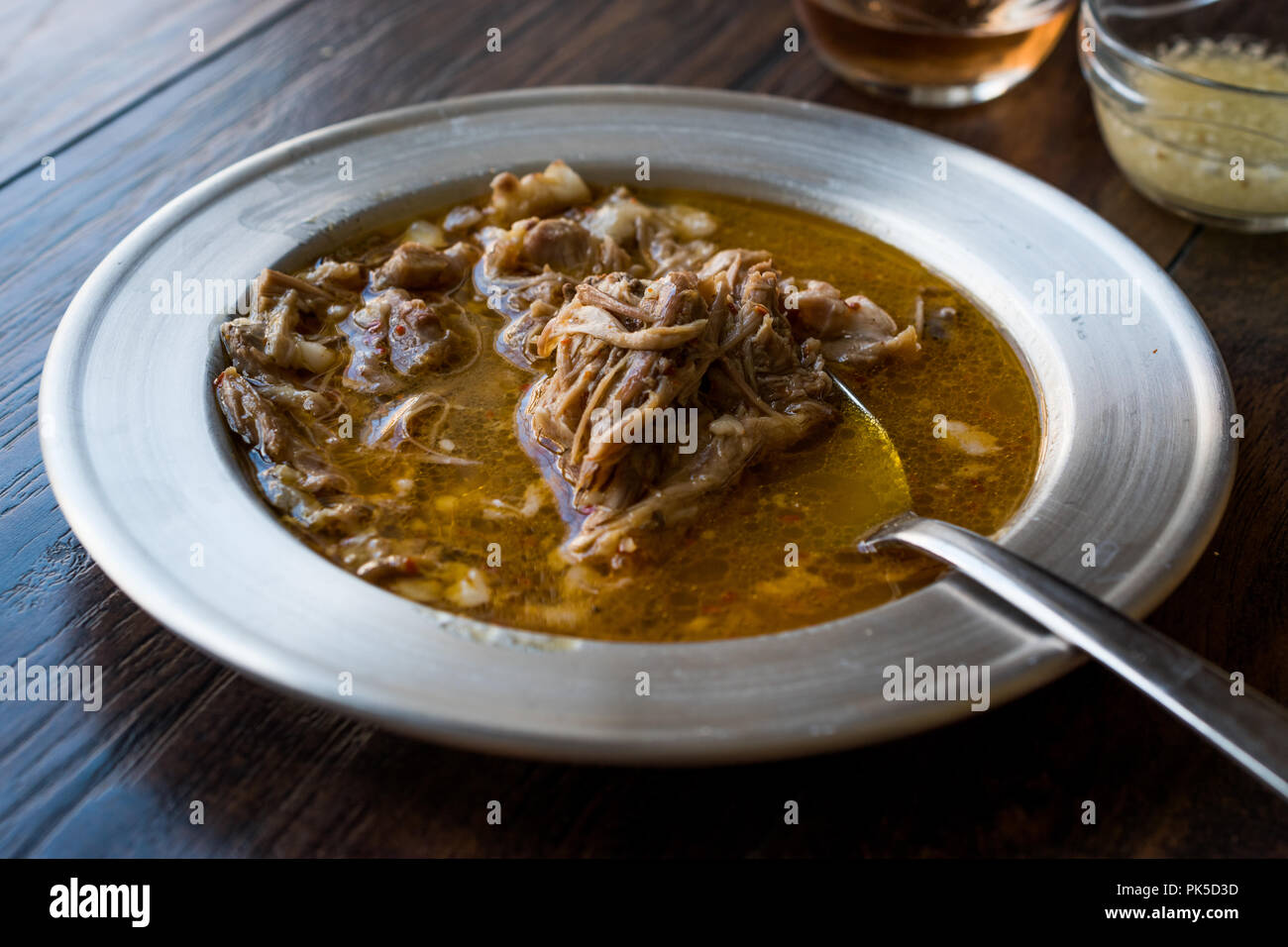 Turkish Soup Beyran with Lamb Meat, Rice, Chopped Garlic and Vinegar ...