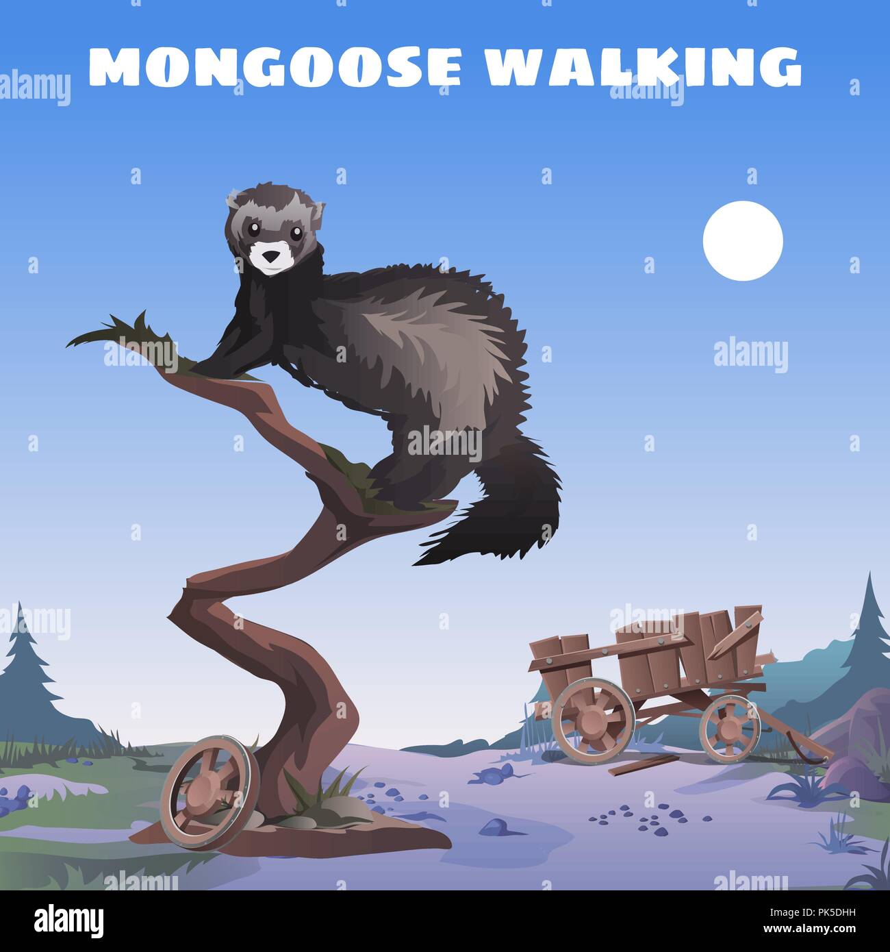 Cute poster in wild West style. Walking mongoose sitting on the trunk ...