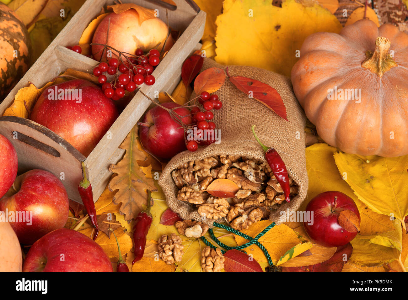 autumn harvest - fruits and vegetables are on fallen yellow leaves ...