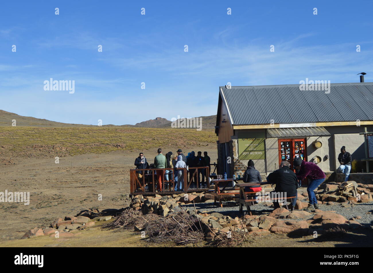 A group of people enjoying at Sani lodge at the top of Sani pass near ...
