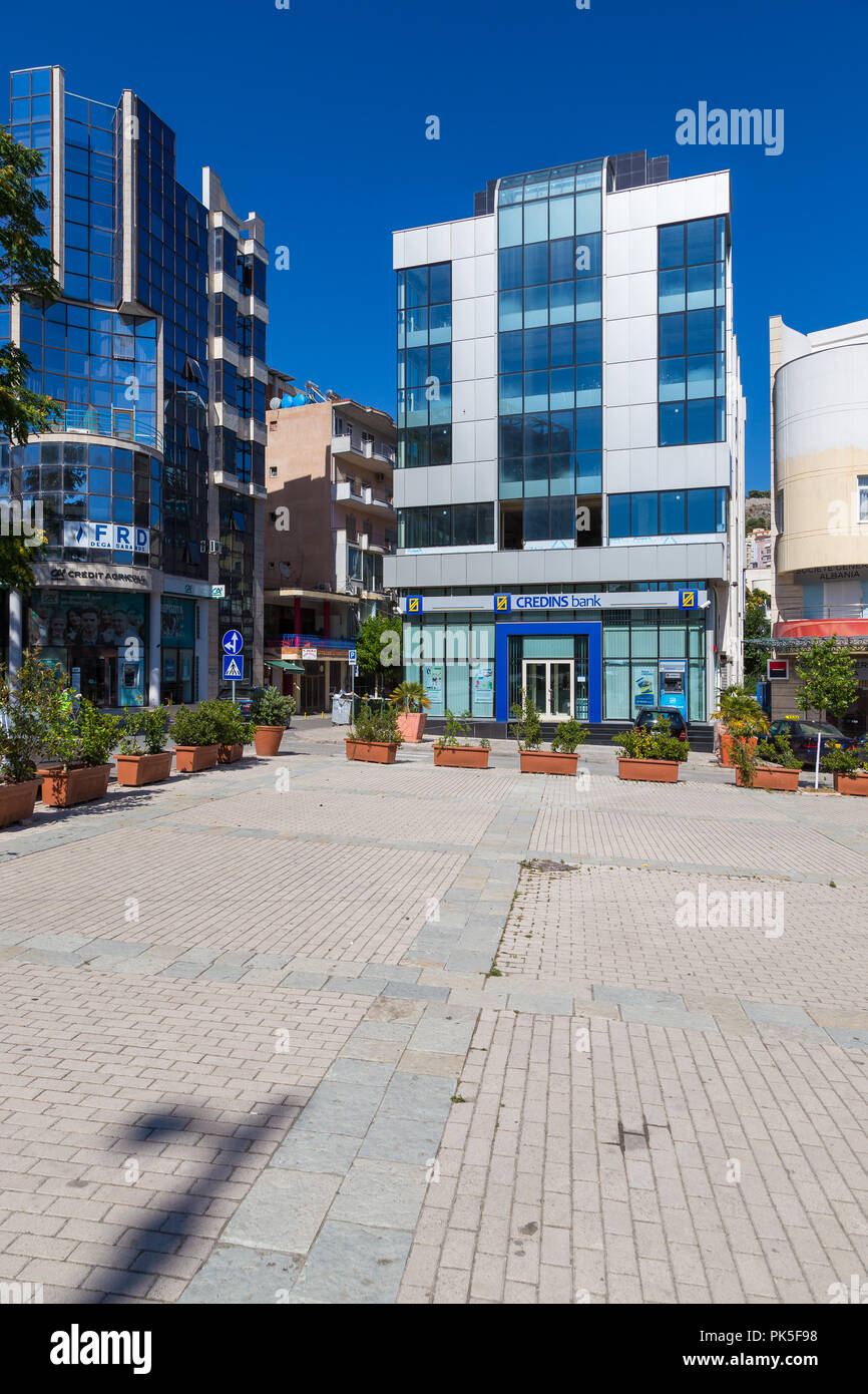 Saranda, Albania- 28 June 2014: View of main street of new, modern town ...