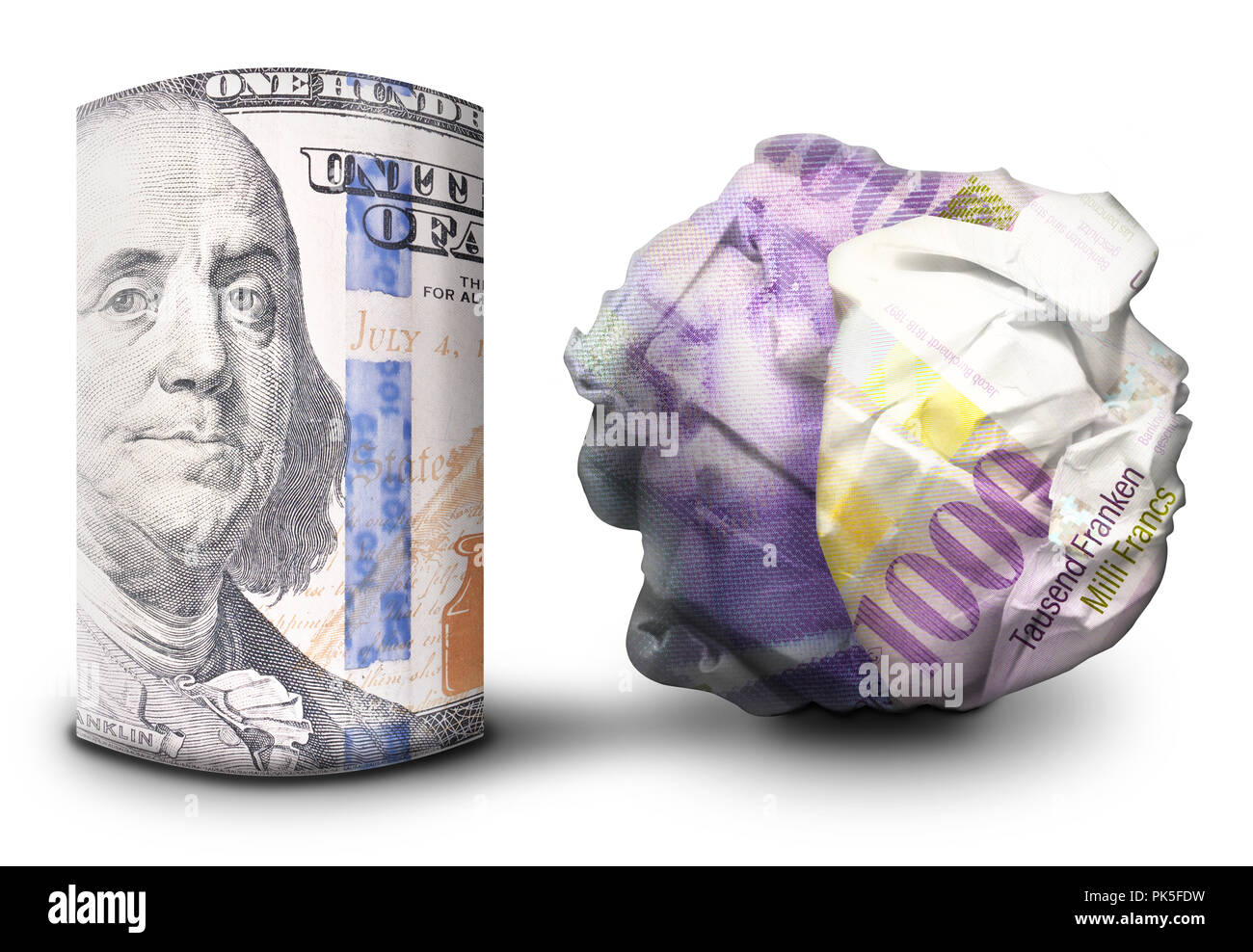 Two fiat money bills standing next to each other. One standing flat and ...