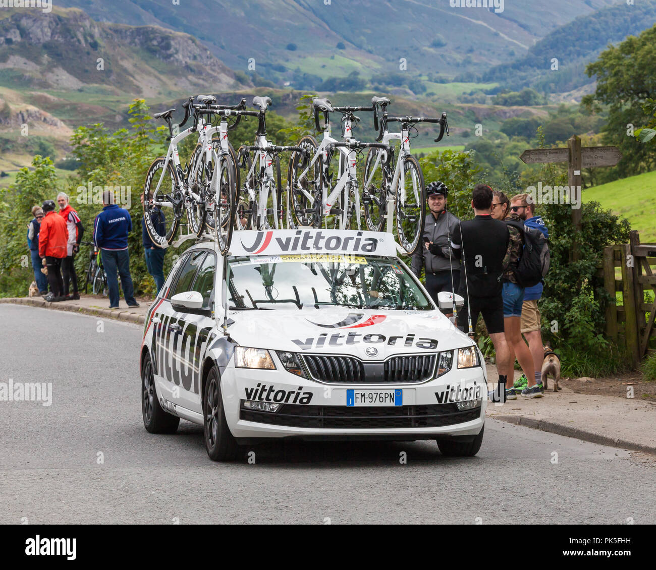 A Vittoria cycling support car outside Keswick, Cumbria during the OVO ...